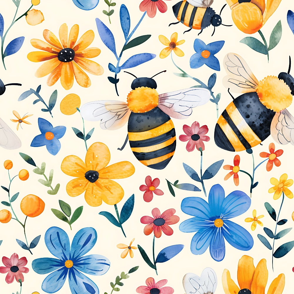 Watercolor Cute Bees and Flowers Pattern 1 Quilting Cotton Fabric ...