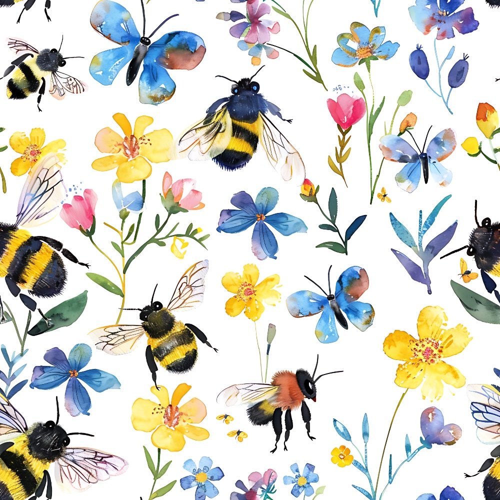 Watercolor Cute Bees and Flowers Pattern 15 Quilting Cotton Fabric ...