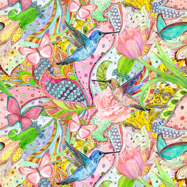 Bohemian Hummingbirds Pattern Quilting Cotton Fabric – FabricMegaStore.com