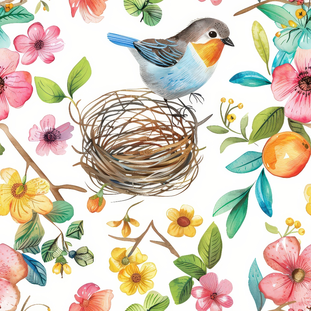 Birds Nest and Flowers Pattern 5 Quilting Cotton Fabric ...