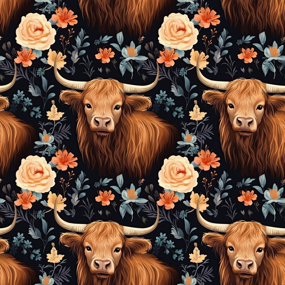 Floral Highland Cows Pattern 7 Quilting Cotton Fabric – FabricMegaStore.com