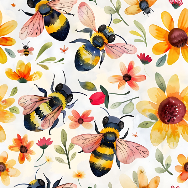 Watercolor Cute Bees and Flowers Pattern 6 Quilting Cotton Fabric ...