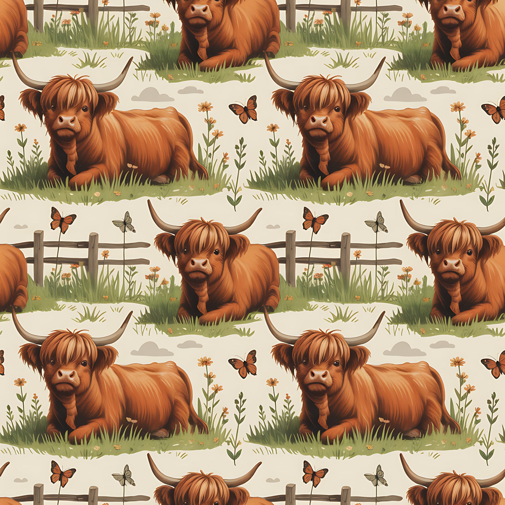 Cartoon Highland Cows Pattern 7 Quilting Cotton Fabric ...