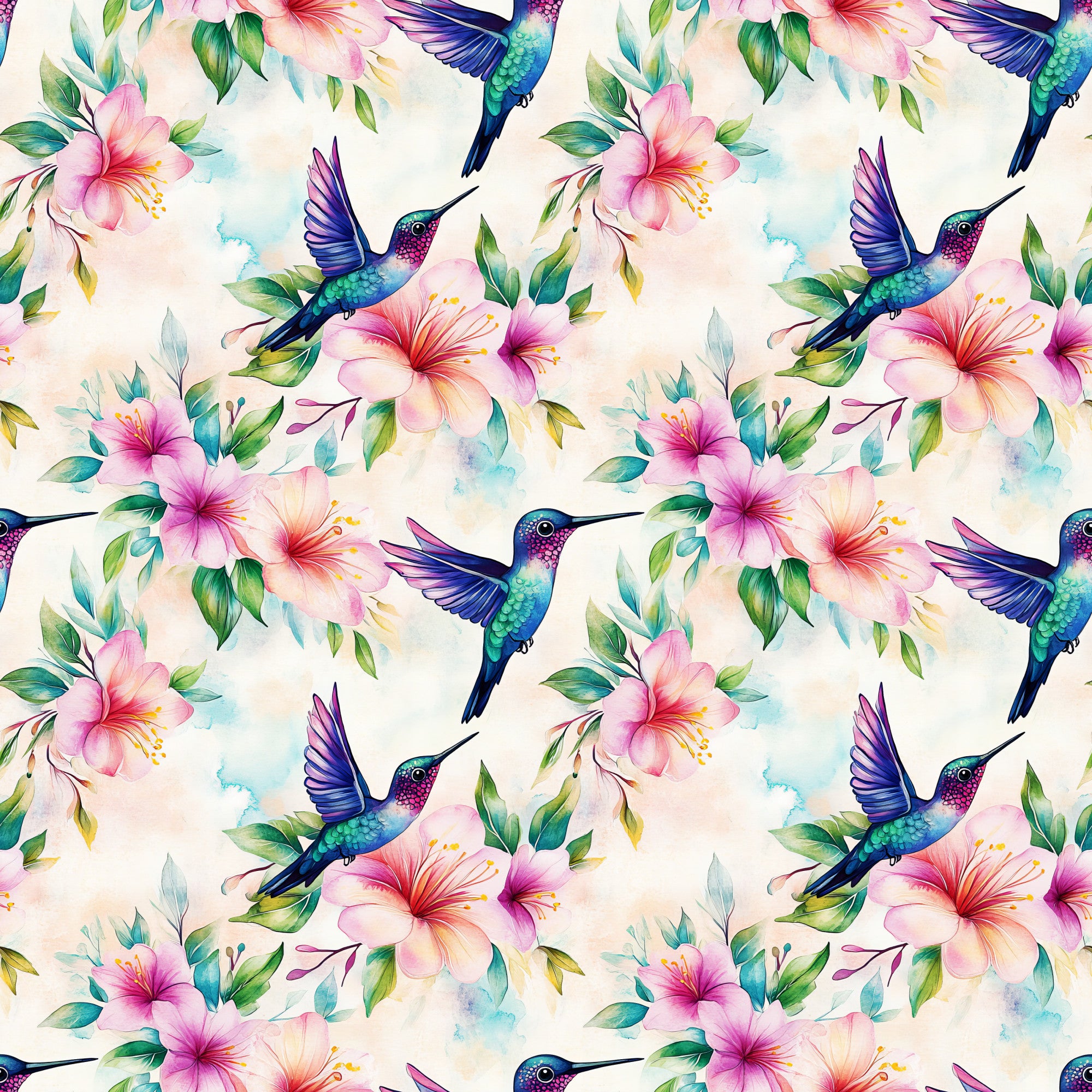 Watercolor Hummingbirds and Hibiscus Pattern 1 Quilting Cotton Fabric ...