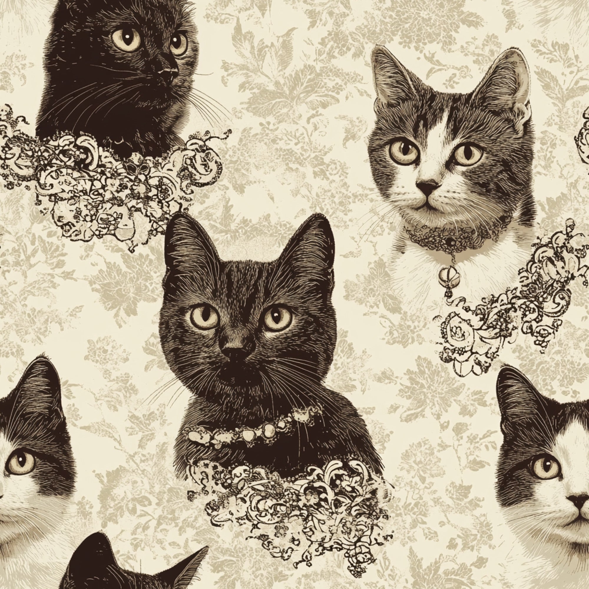 Vintage Cats With Lace Pattern 2 Quilting Cotton Fabric ...