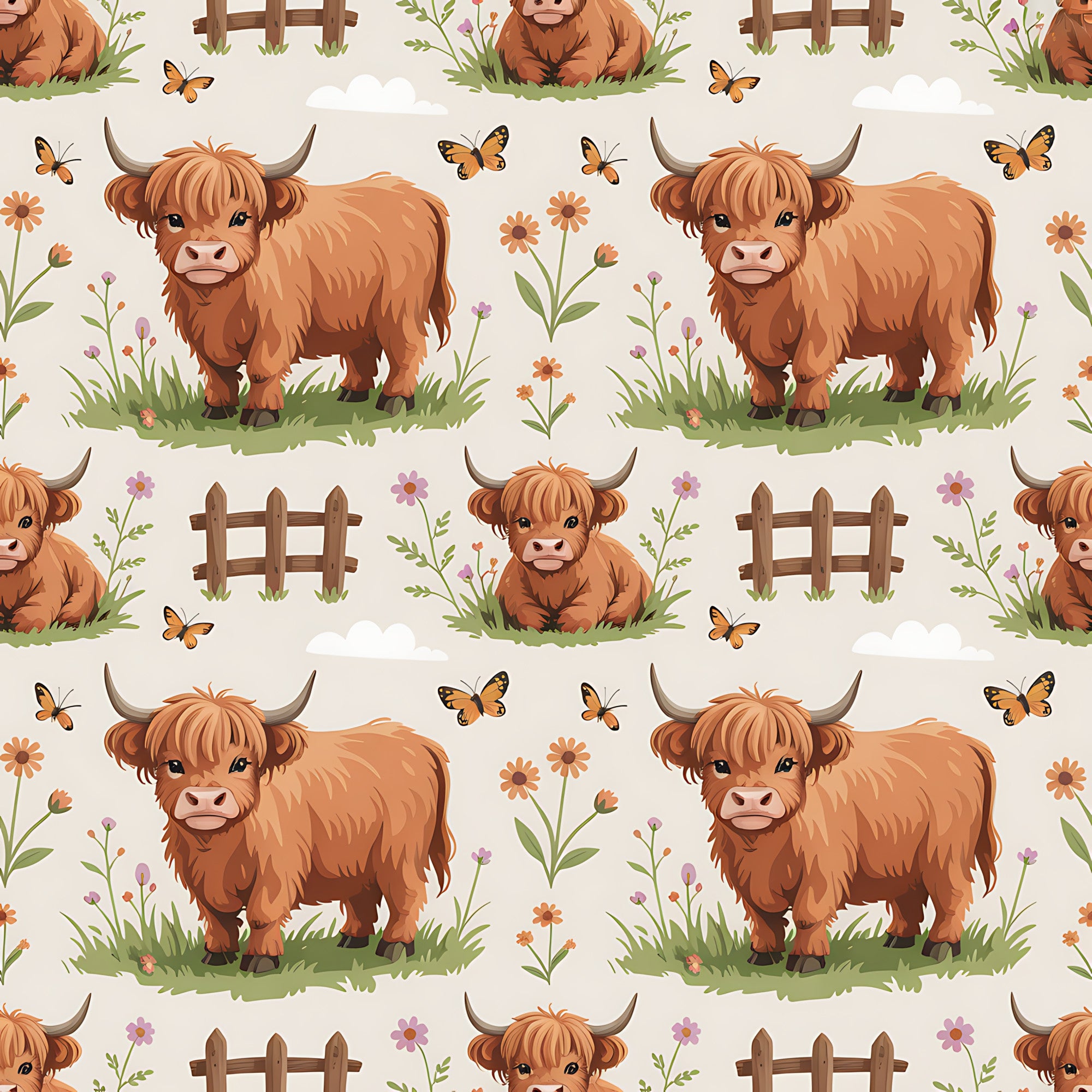 Cartoon Highland Cows Pattern 8 Quilting Cotton Fabric ...