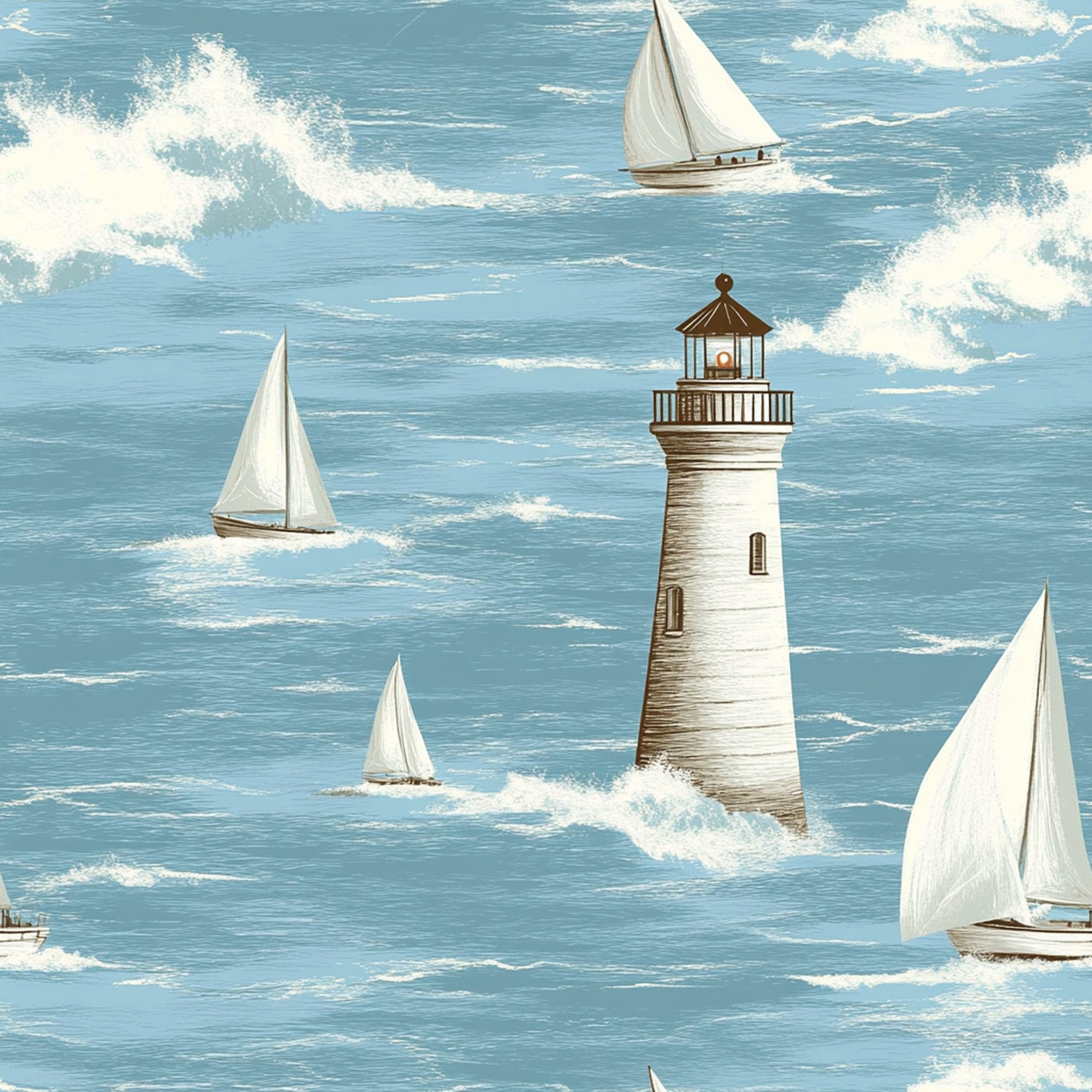 Lighthouse and Sailboats Pattern 10 Quilting Cotton Fabric ...