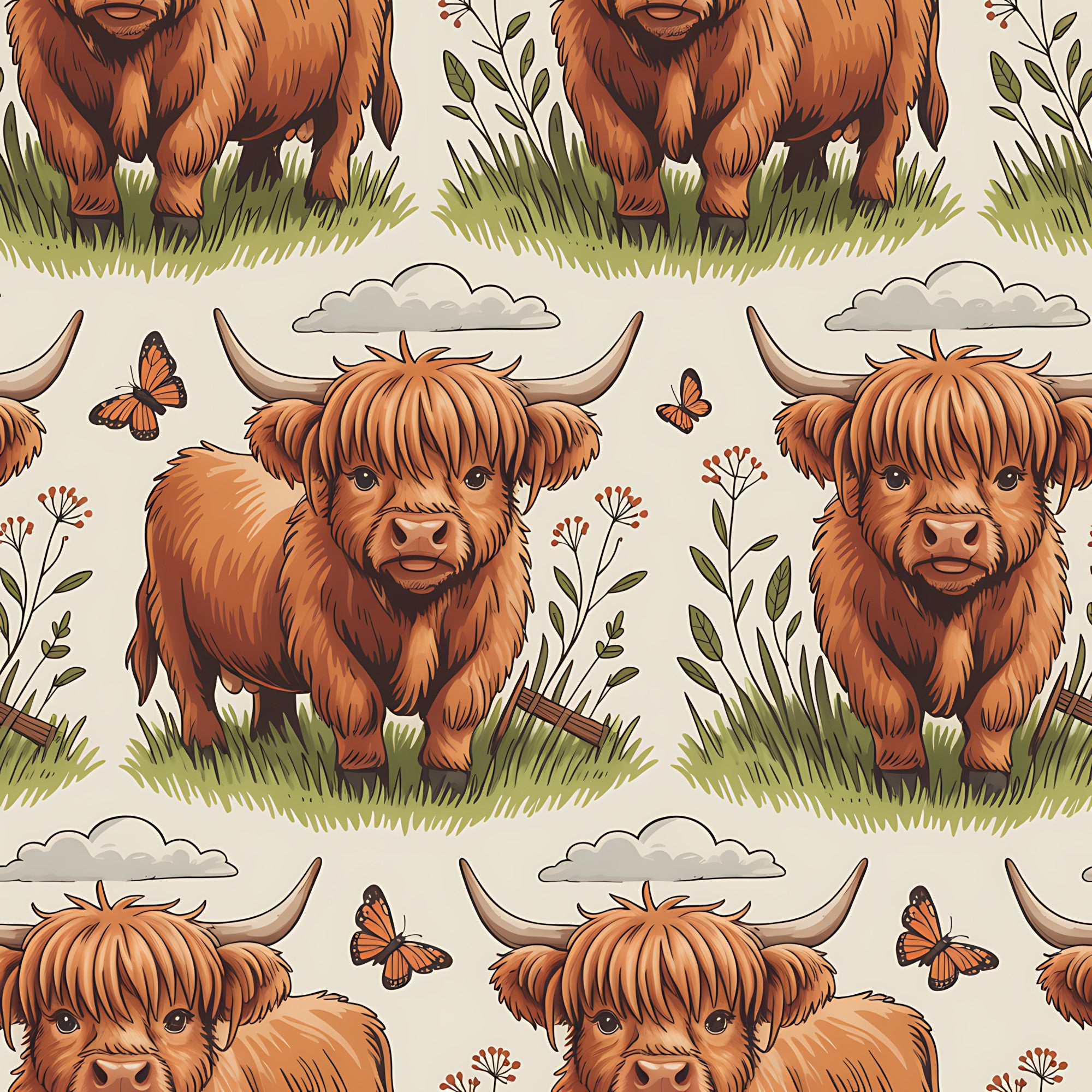 Cartoon Highland Cows Pattern 20 Quilting Cotton Fabric ...