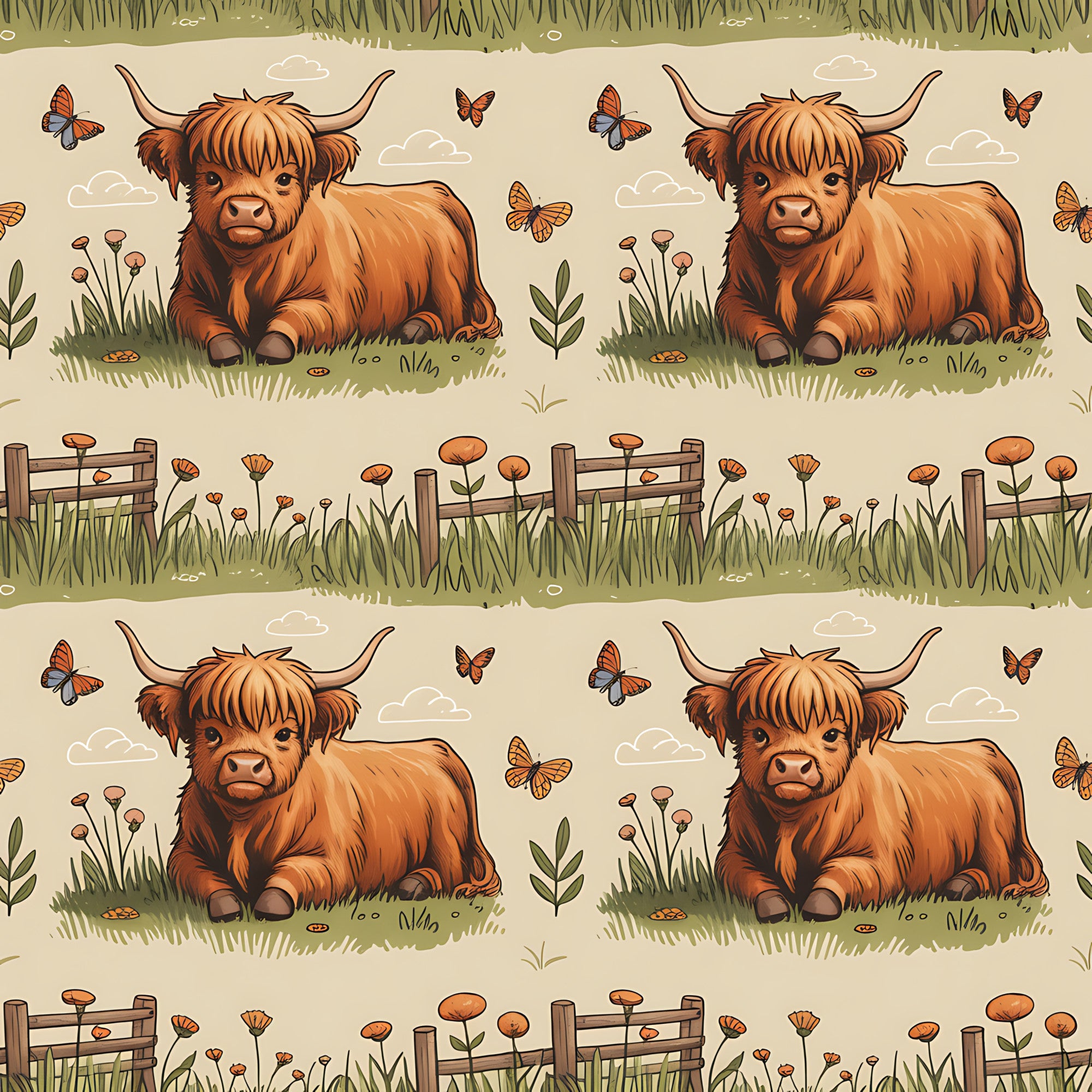 Cartoon Highland Cows Pattern 15 Quilting Cotton Fabric ...
