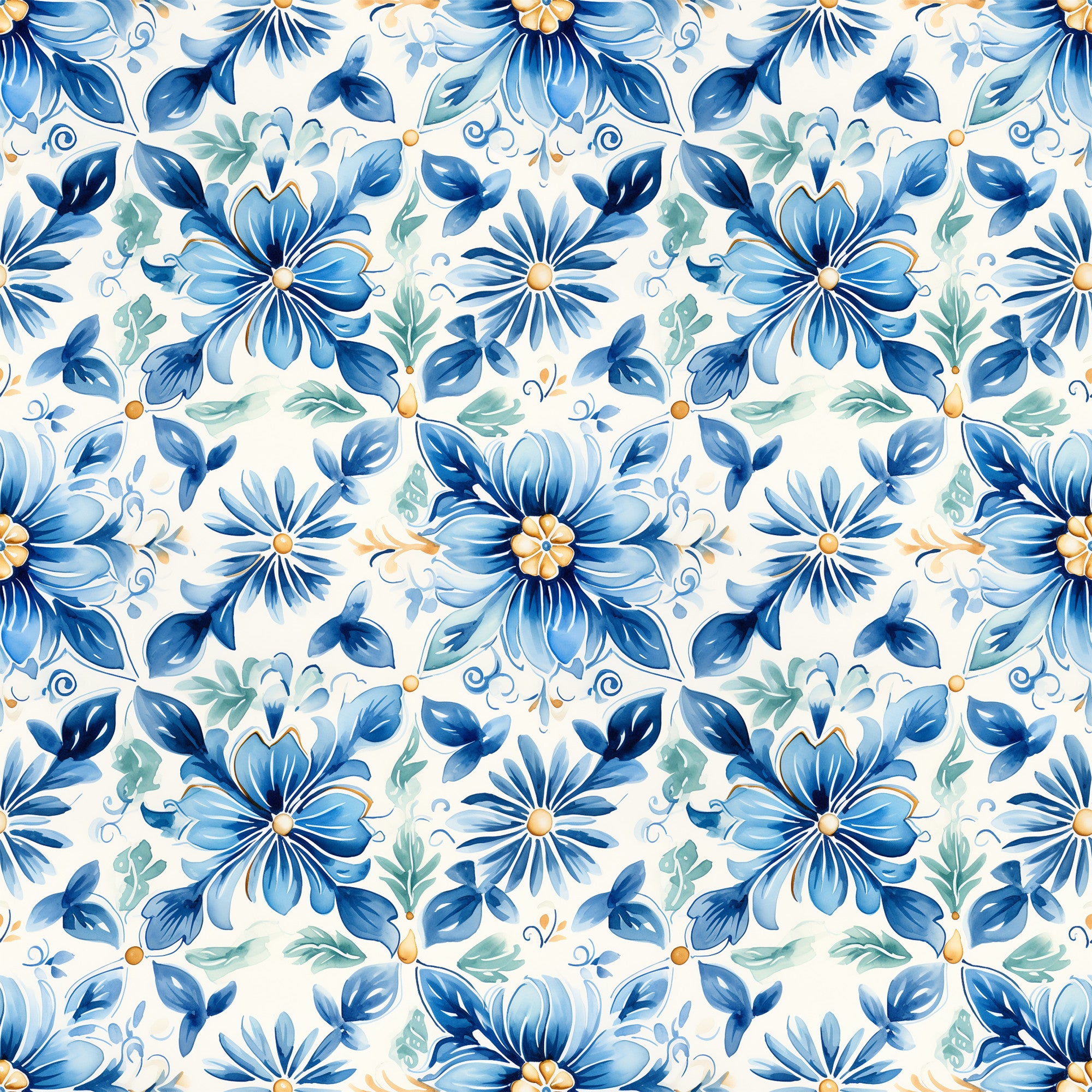 Blue Handpainted Tiles Pattern 1 Quilting Cotton Fabric ...
