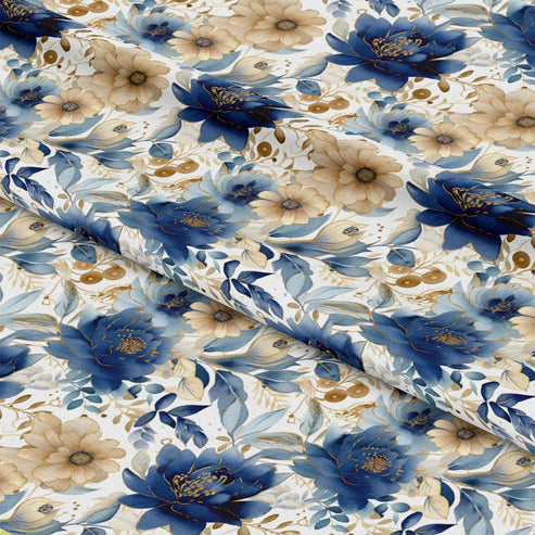 Blue and Gold Floral Pattern 5 Quilting Cotton Fabric – FabricMegaStore.com